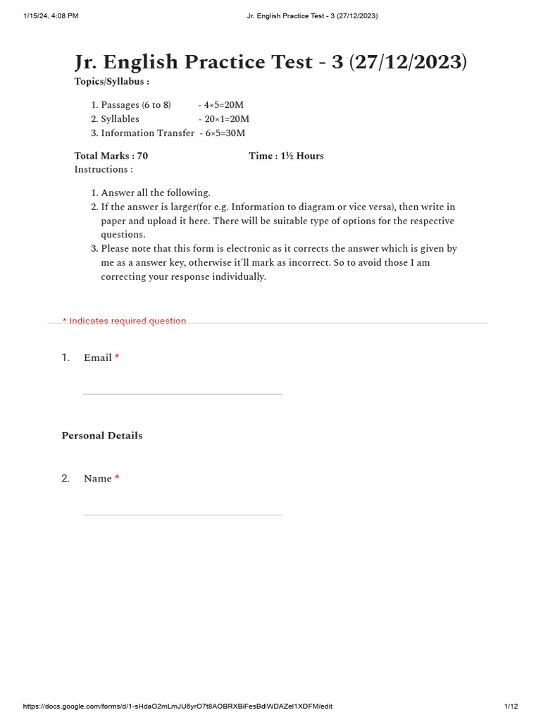 Jr. English Practice Test - 3 (27 - 12 - 2023) | PDF | Wellness