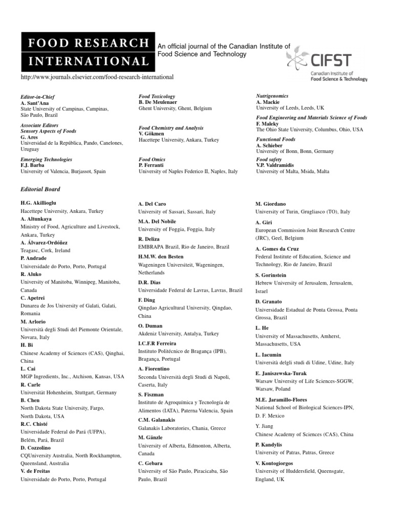 Editorial Board - 2017 - Food Research International | PDF