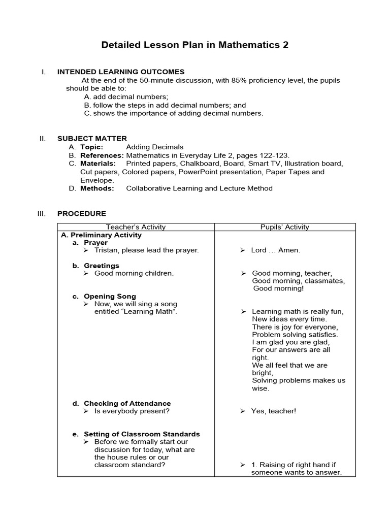 Detailed Lesson Plan in Mathematics 2 | PDF | Mathematics | Cognition