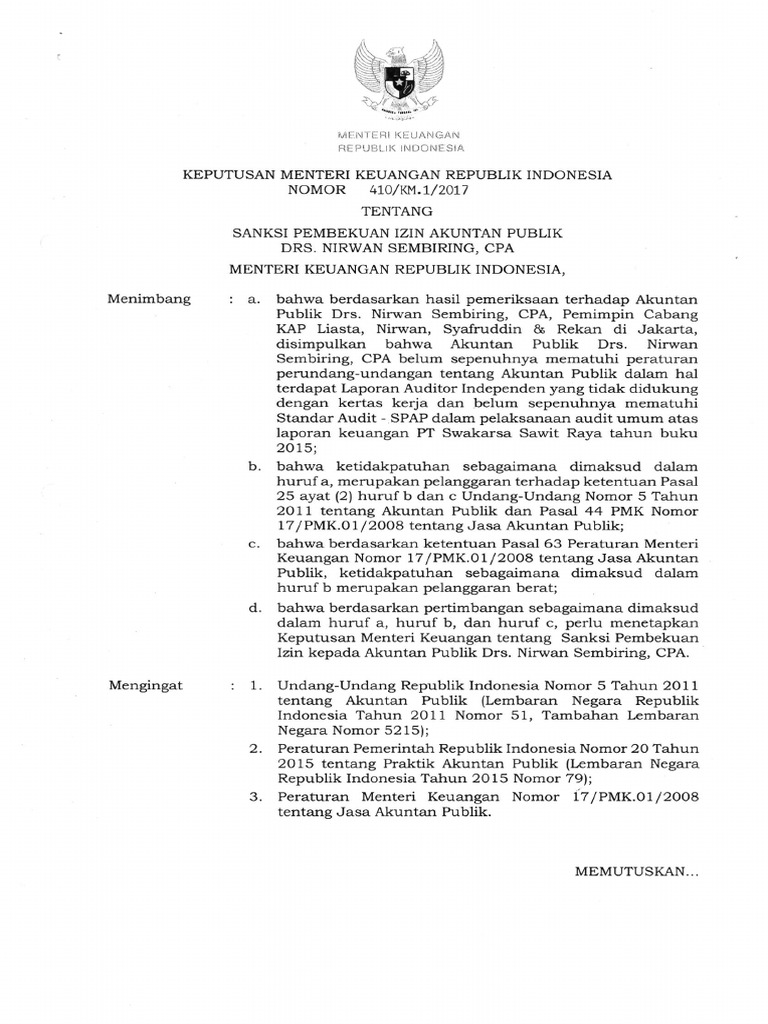 Pembekuan Izin Akuntan Nirwan Sembiring | PDF | Pengelolaan Keuangan & Uang