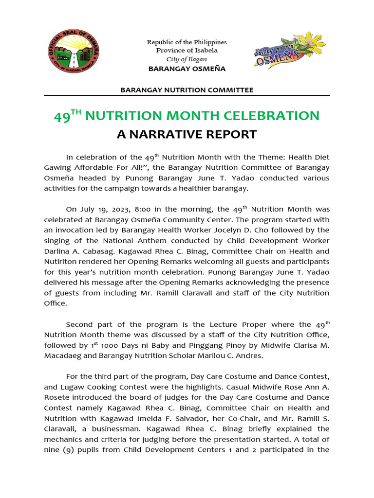 49TH Nutrition Month 2023 Narrative | PDF