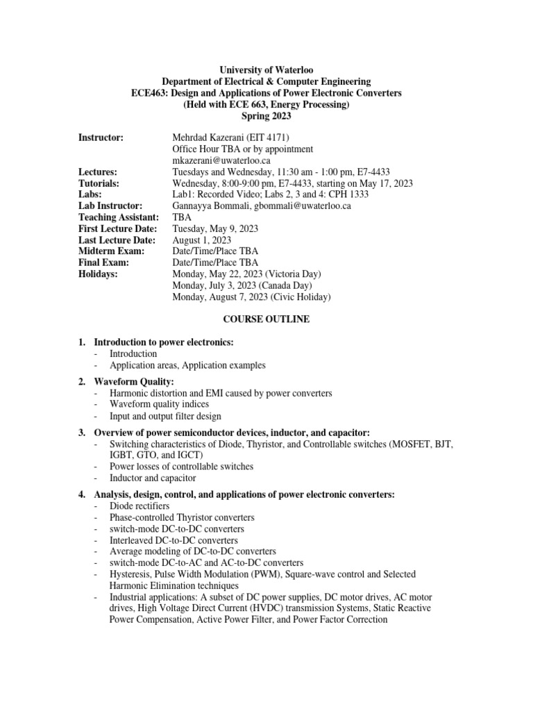 ECE 463 Course Outline (Spring 2023) | PDF