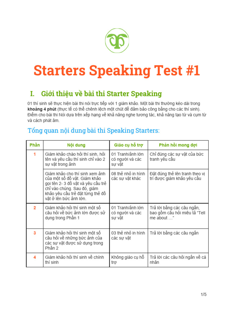 Starters Speaking Test Guideline | PDF