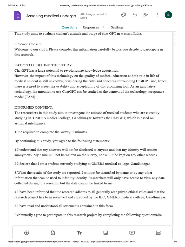 Assesing Medical Undergraduate Students Attitude Towards Chat GPT - Google Forms | PDF