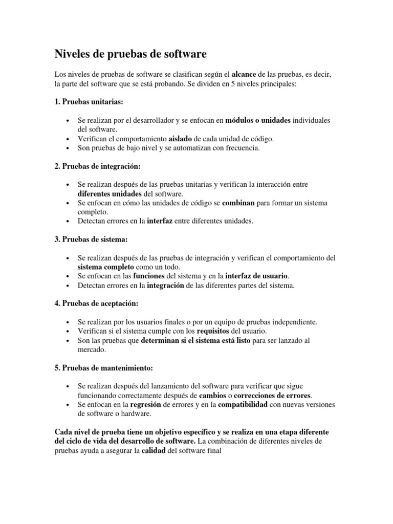 Niveles de Pruebas de Software | PDF Niveles de Pruebas de Software | PDF