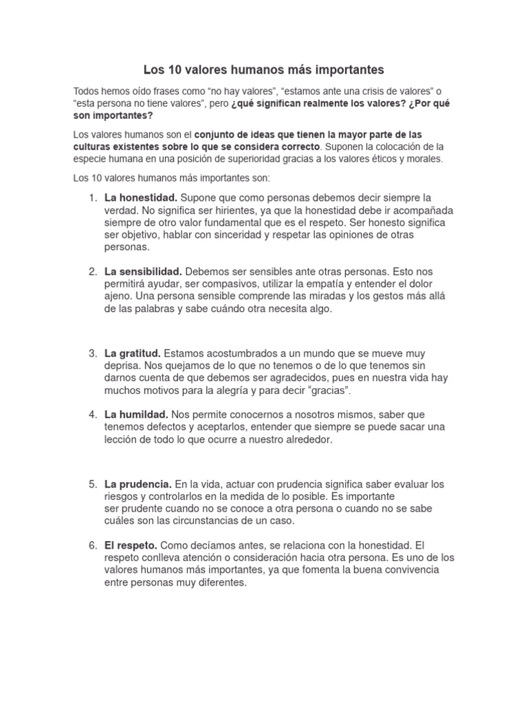 Los 10 Valores Humanos Más Importantes | PDF | Tolerancia