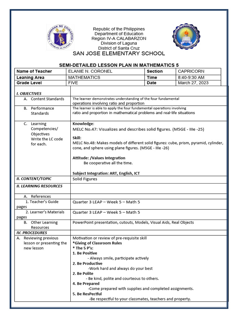 COT DLP Math 5 q3 | PDF | Triangle | Shape