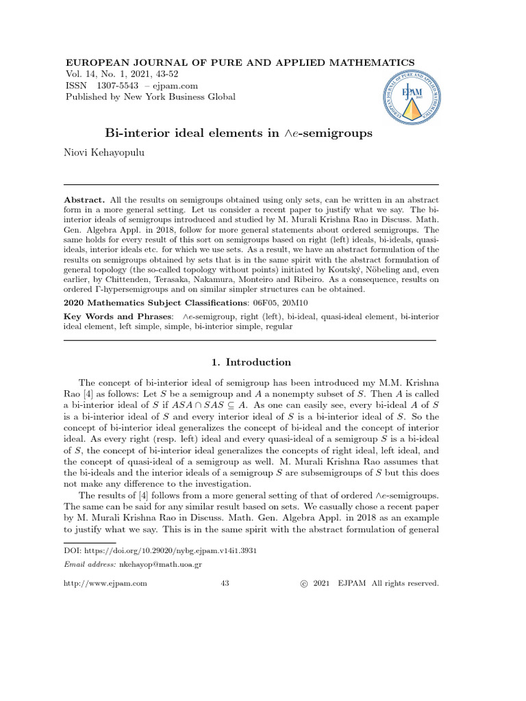 Bi Interior Ideal of E-Semigroup | PDF | Theorem | Mathematical Logic