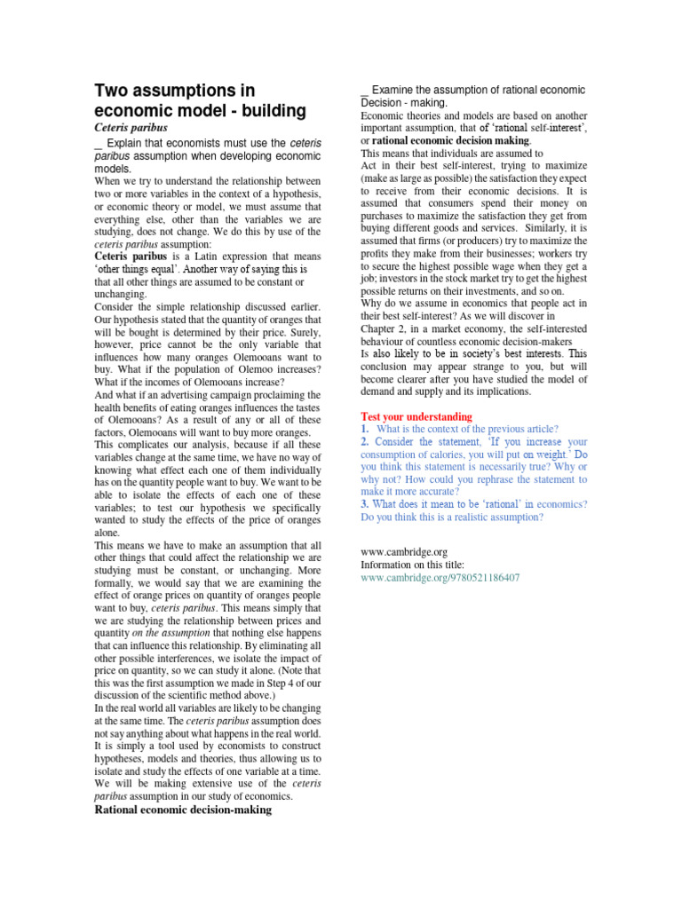 Two Assumptions in Economic Model | PDF | Economics | Economies