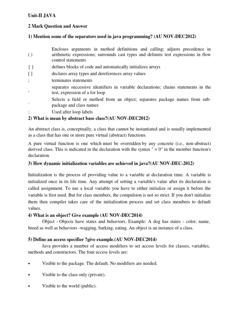 Java 2 Mark Questions and Answers | PDF | Class (Computer Programming ...