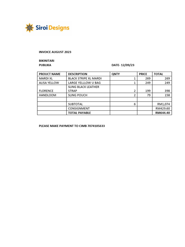 Bikinitari August Invoice 2023 | PDF