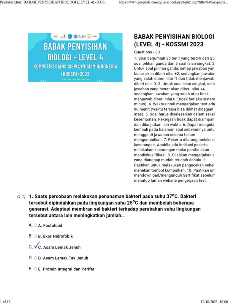 Babak Penyisihan Biologi (Level 4) - Kossmi 2023 | PDF