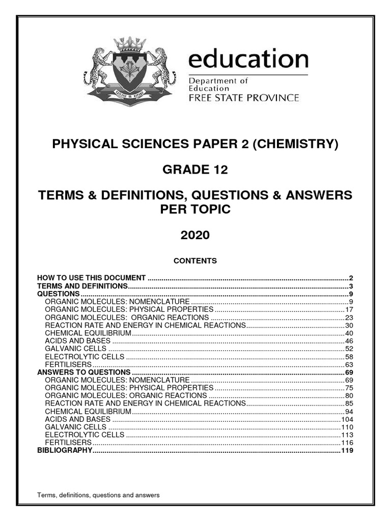 Phys Sci GR 12 P2 (Chemistry) Definitions, Questions and Answers 2020 ...