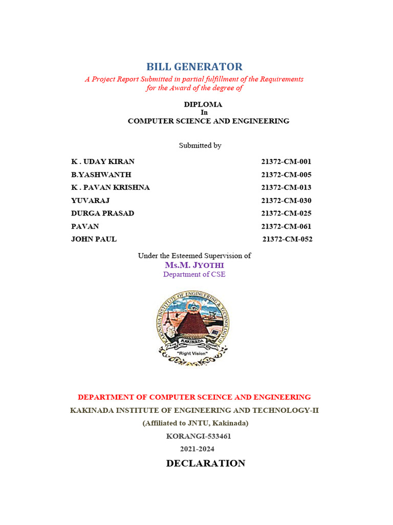 Bill Generator Project Report | PDF | Thesis | Academic Degree