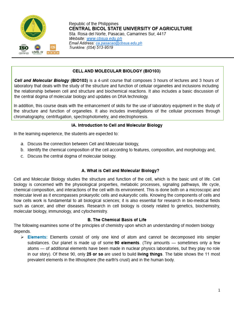 Cell and Molecular Biology Module Week 1 and 2 | PDF | Chemical Bond | Ion