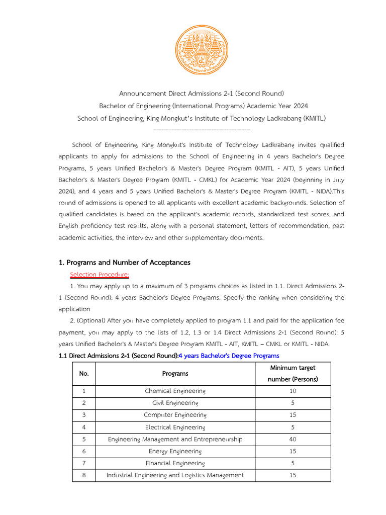 KMITL 2024 Engineering Admissions | PDF | University And College Admission | Academic Degree