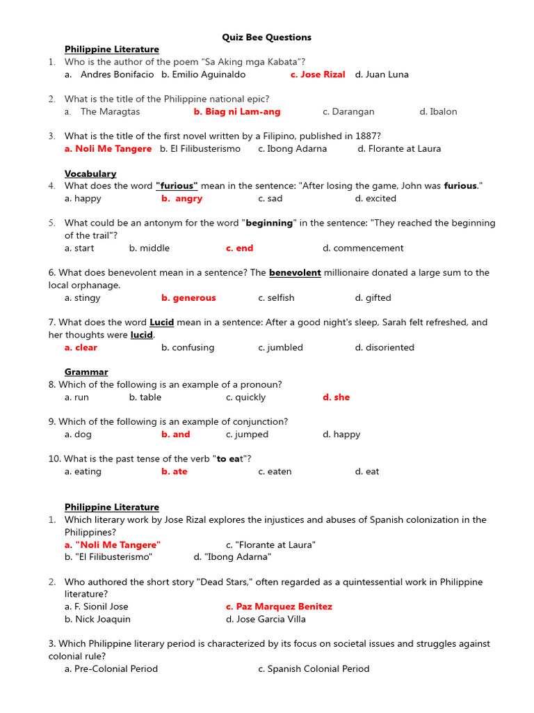 Quiz Bee Questions ENGLISH FEST | PDF | Philippines
