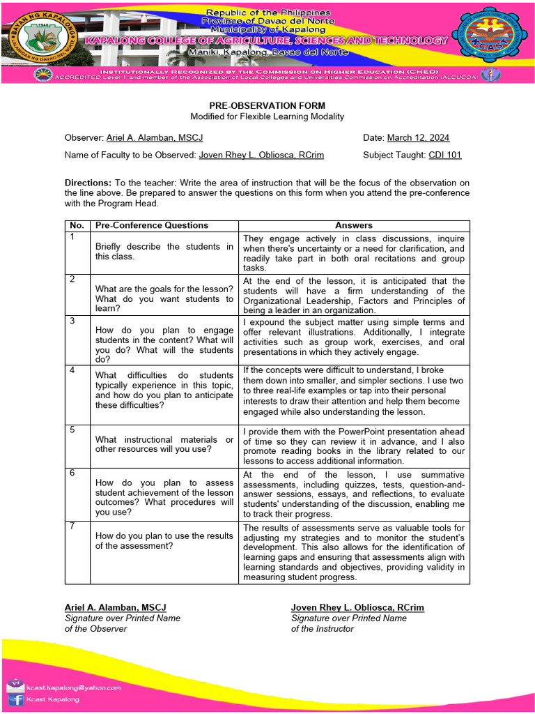 Pre-Observation-Conference-Tool-Cabanag | PDF | Educational Assessment ...