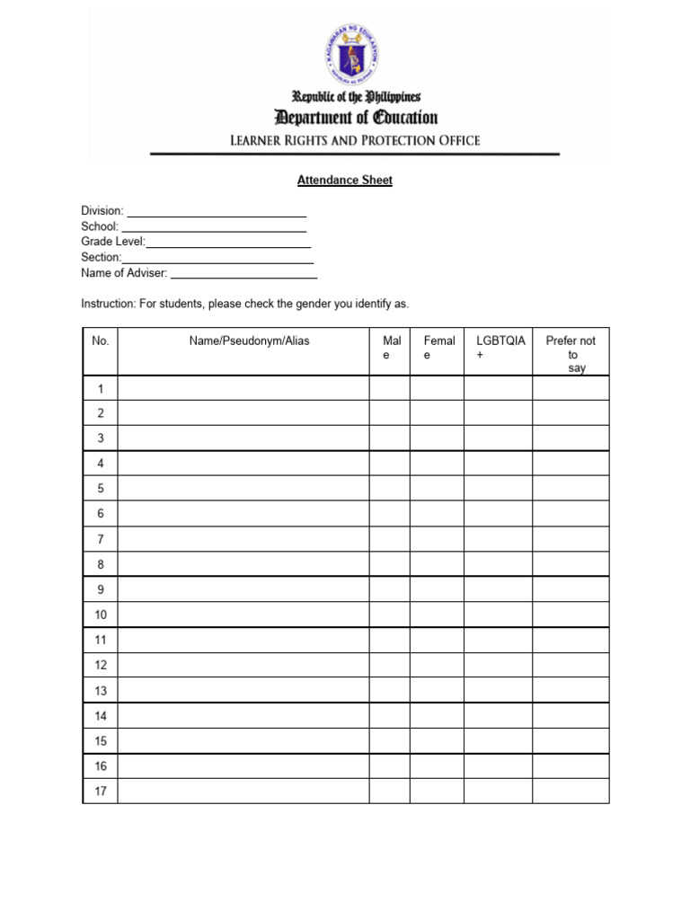LRP - Attendance Sheet (Classroom-Level) | PDF