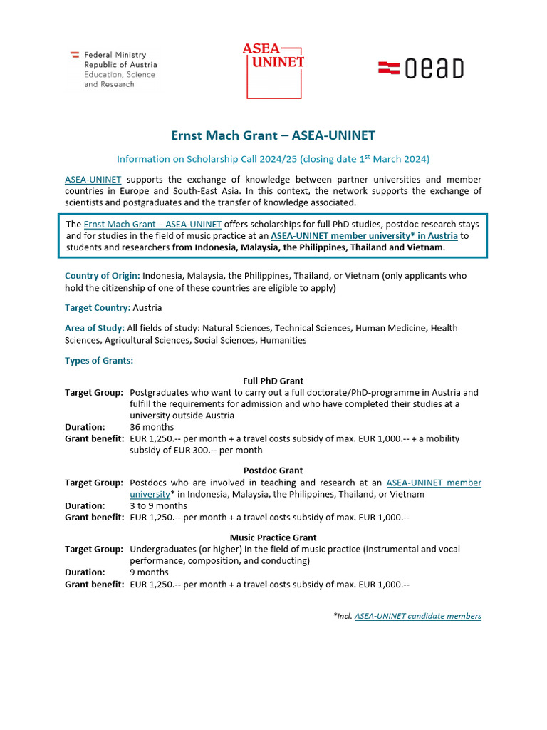 Ernst Mach Grant ASEA UNINET Summary Call 2024 25 | PDF