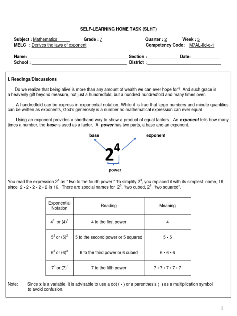 Math 7 SLHT q2 WK 5 Melcm7al Iid e 1.edited | PDF | Exponentiation | Numbers