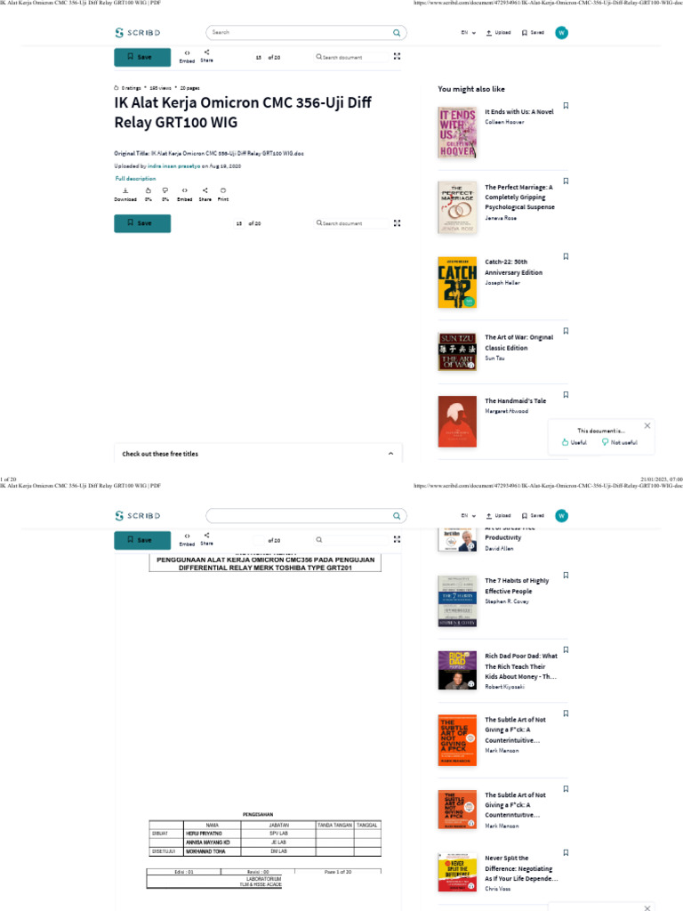 IK Alat Kerja Omicron CMC 356-Uji Diff Relay GRT100 WIG PDF | PDF