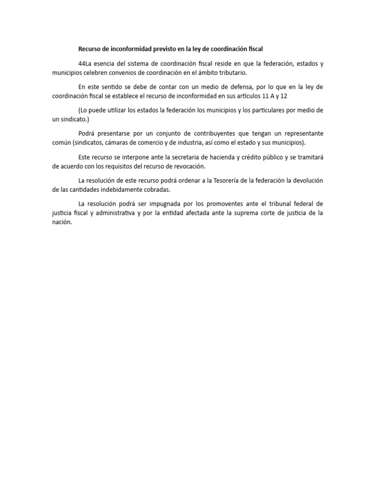 Recurso de Inconformidad Previsto en La Ley de Coordinación Fiscal | PDF
