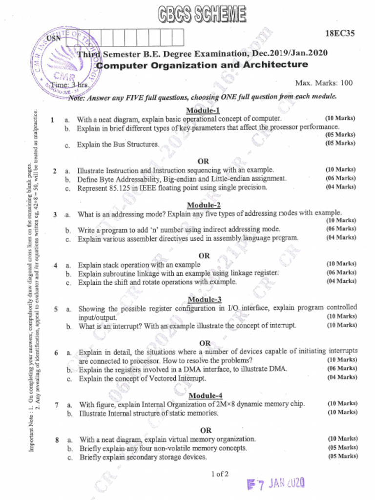 VTU Question Paper of 18EC35 Computer Organization and Architecture Dec - 2019 | PDF