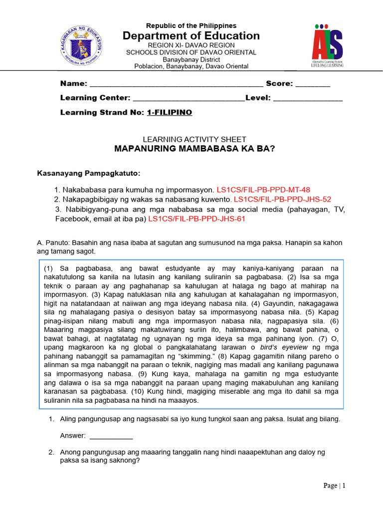 LS1 Mapanuring Mambabasa Ka Ba | PDF