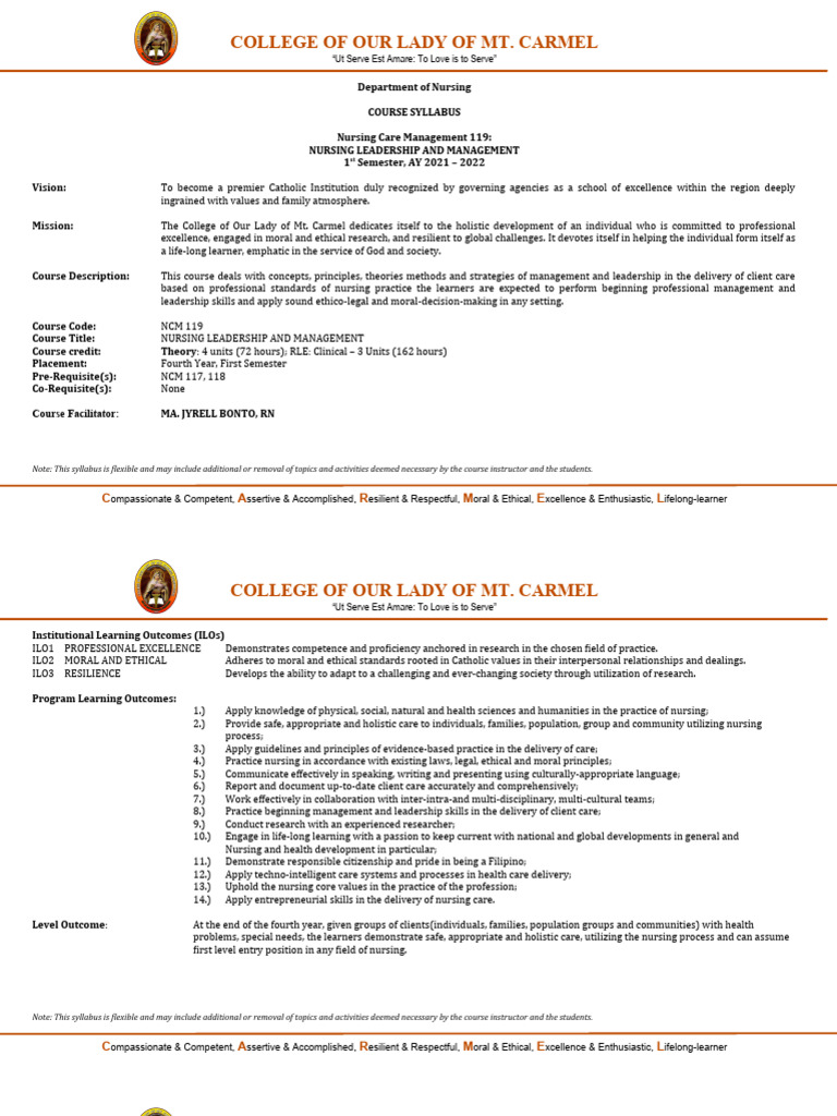 NCM 119 Course Syllabs Nursing Leadership & Mgt LEC S1 21-22 (1) | PDF ...