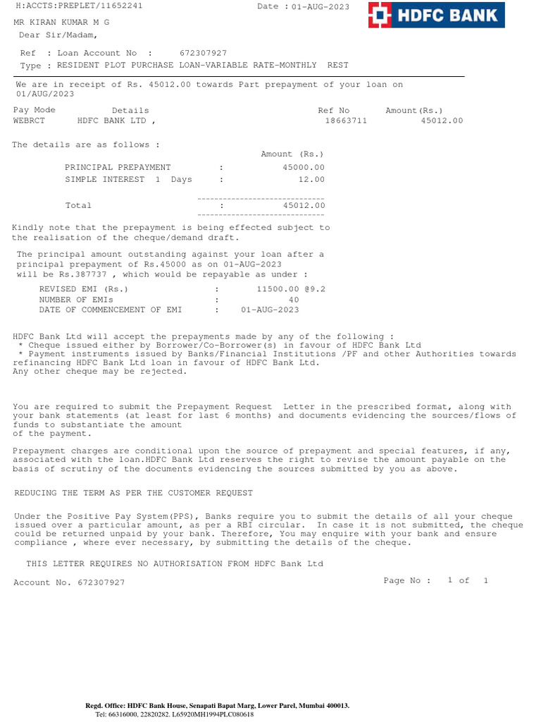 Emi Prepayment Letter 793577 | PDF | Banks | Cheque