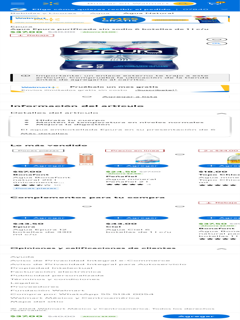 Agua Epura Purificada Sin Sodio 6 Botellas de 1 L Cu Walmart | PDF
