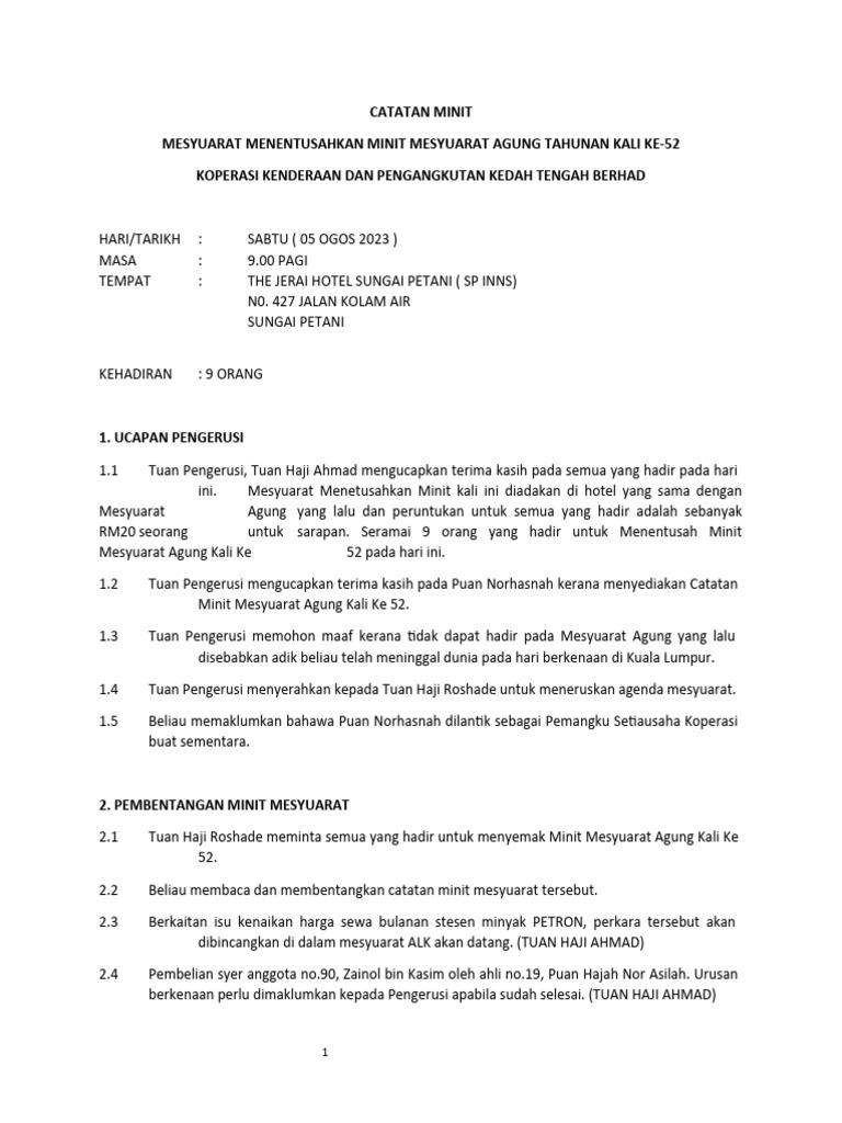 Catatan Minit Mesyuarat Menentusahkan Minit | PDF