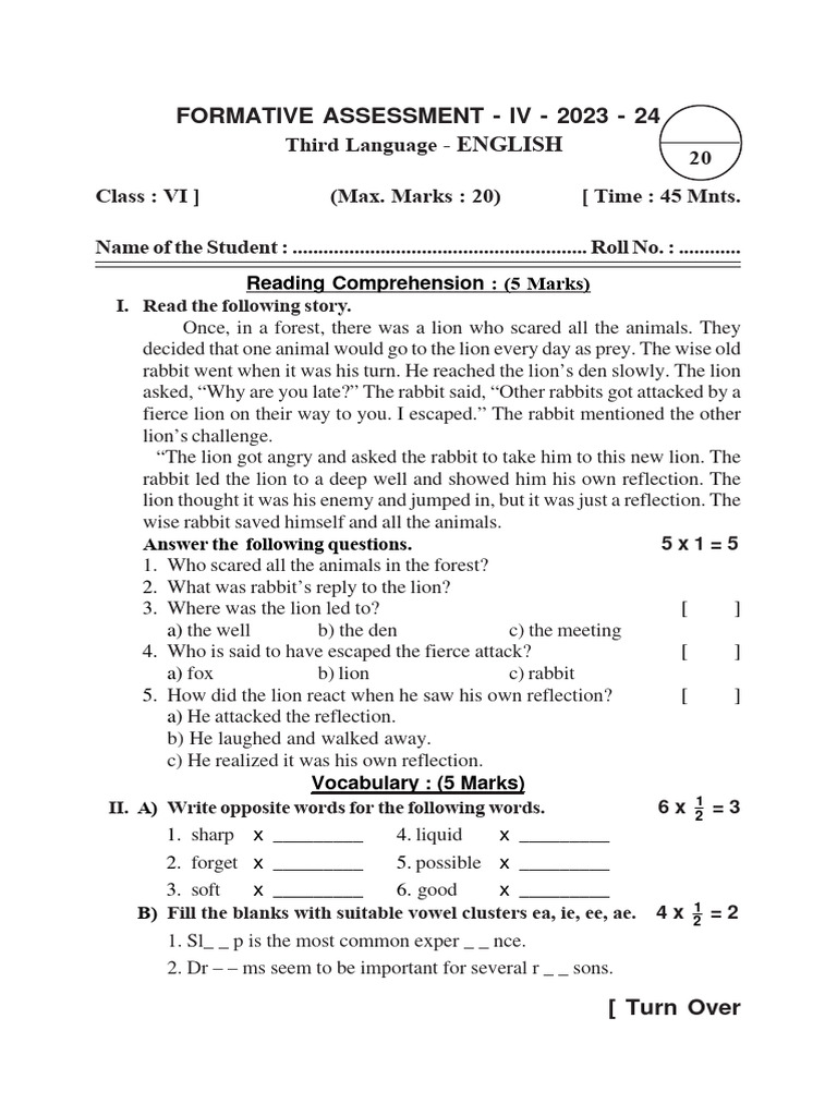 Eng-6 To 7 - FA4 | PDF | English Language | Lion