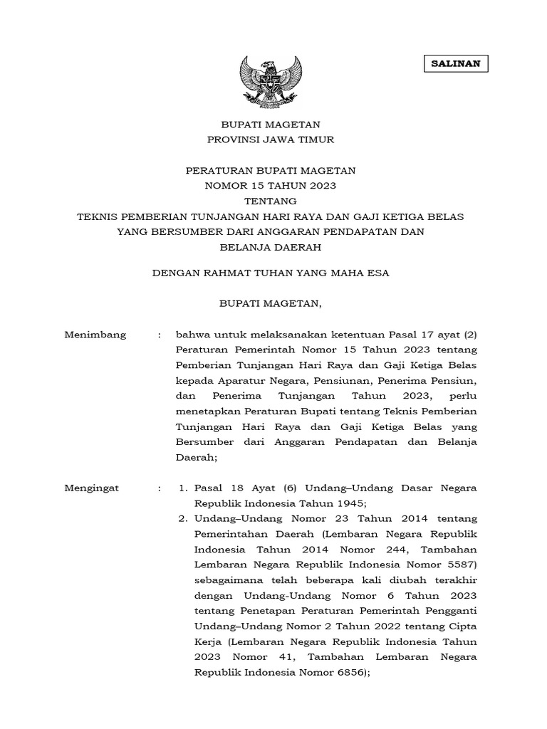 PERBUP Nomor 15 Tahun 2023 Tentang Teknis Pemberia | PDF