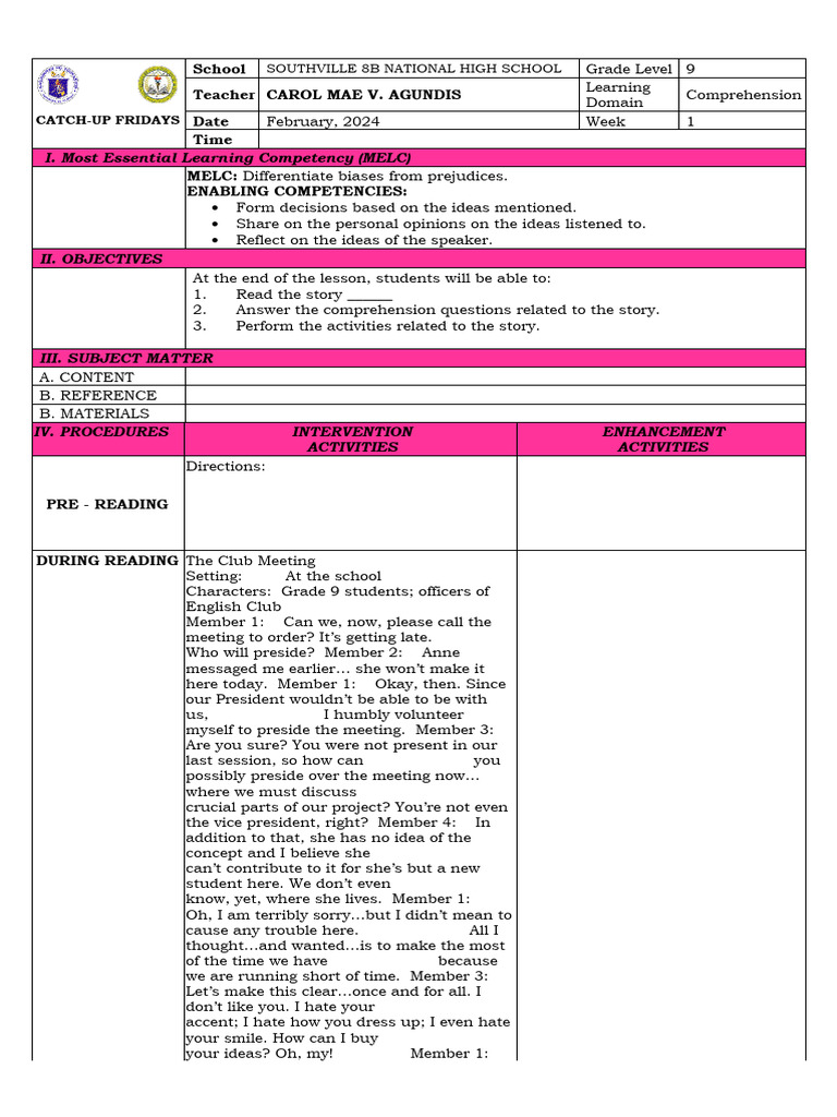 Comprehension Lesson Plan For Grade 9 Pdf