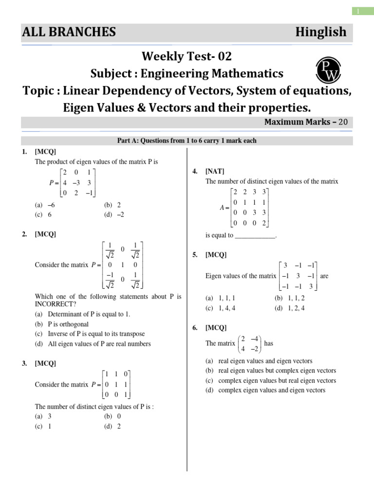 Engineering Mathematics - Weekly Test 02 - Test Paper | PDF