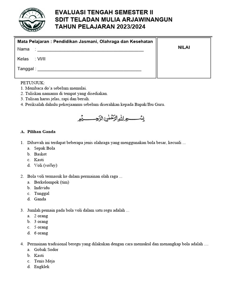 Soal Ujian PJOK Kelas VI | PDF