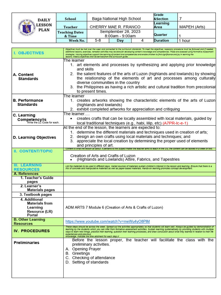 FINAL revised Q1 COT-LP_Arts 7 (Creation of Arts and Crafts of Luzon) | PDF