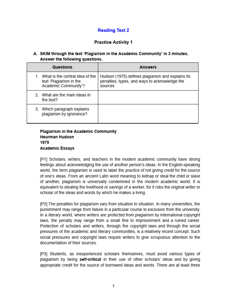 Reading Text 2 - Plagiarism in The Academic Community | PDF