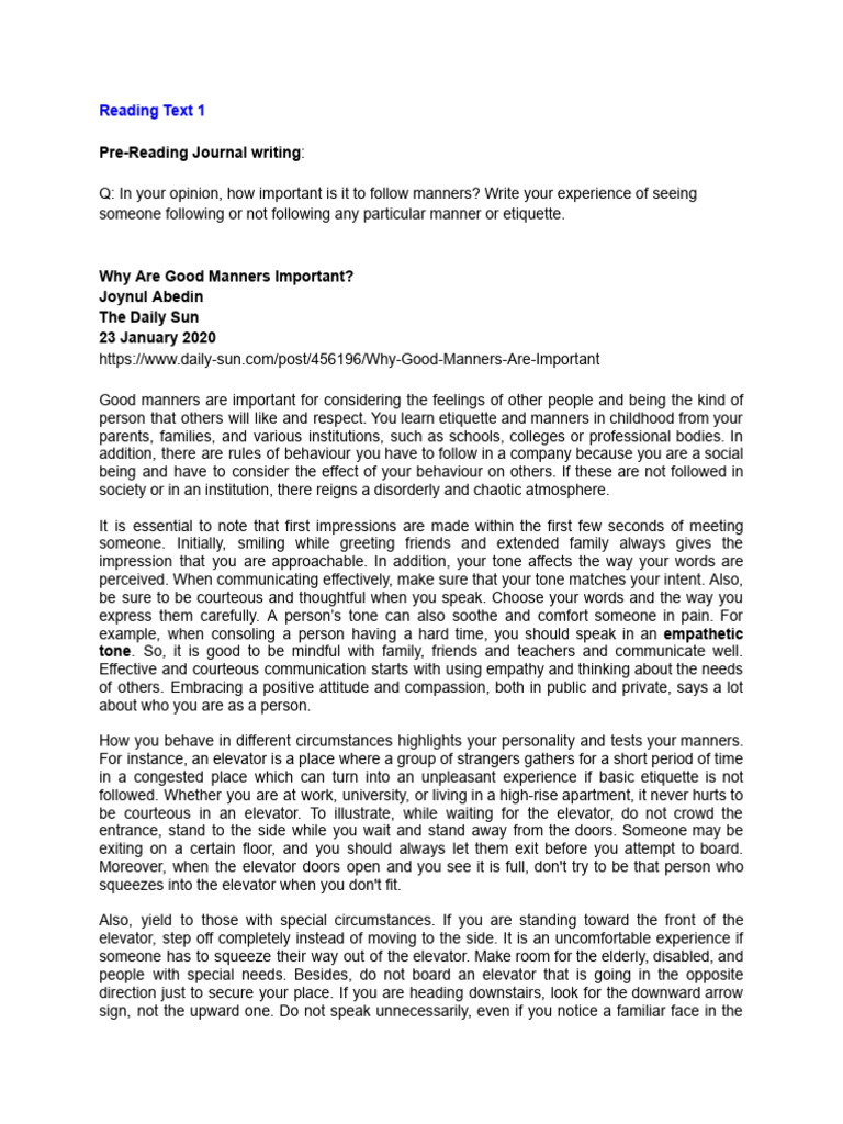 Reading Text 1 - Good Manners | PDF