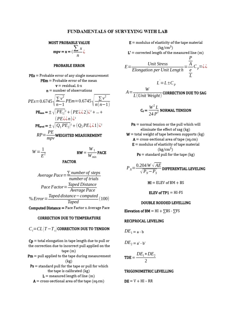 Surveying Formulas and Corrections Guide | PDF | Latitude | Metrology
