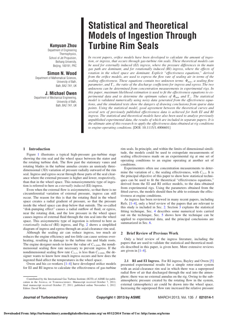 Statistical and Theoretical Models of Ingestion Through Turbine Rim ...
