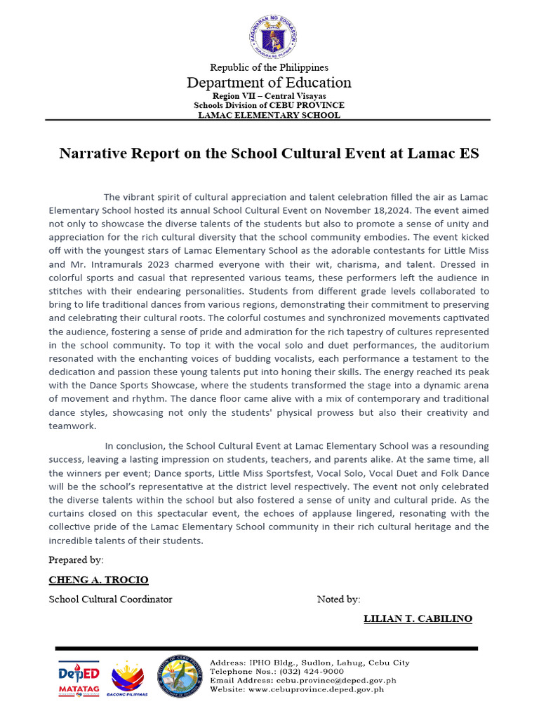 Cultural Event Report: Lamac Elementary | PDF | Dances | Entertainment