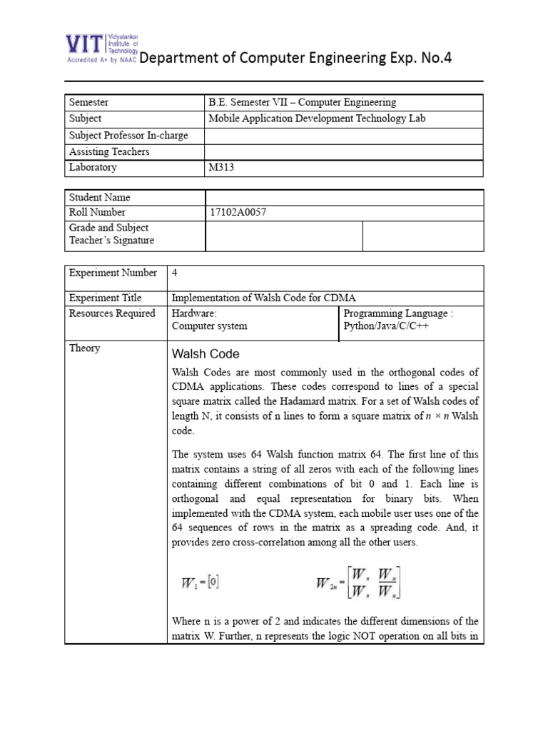 Implementing Walsh Code in CDMA | PDF | Matrix (Mathematics ...