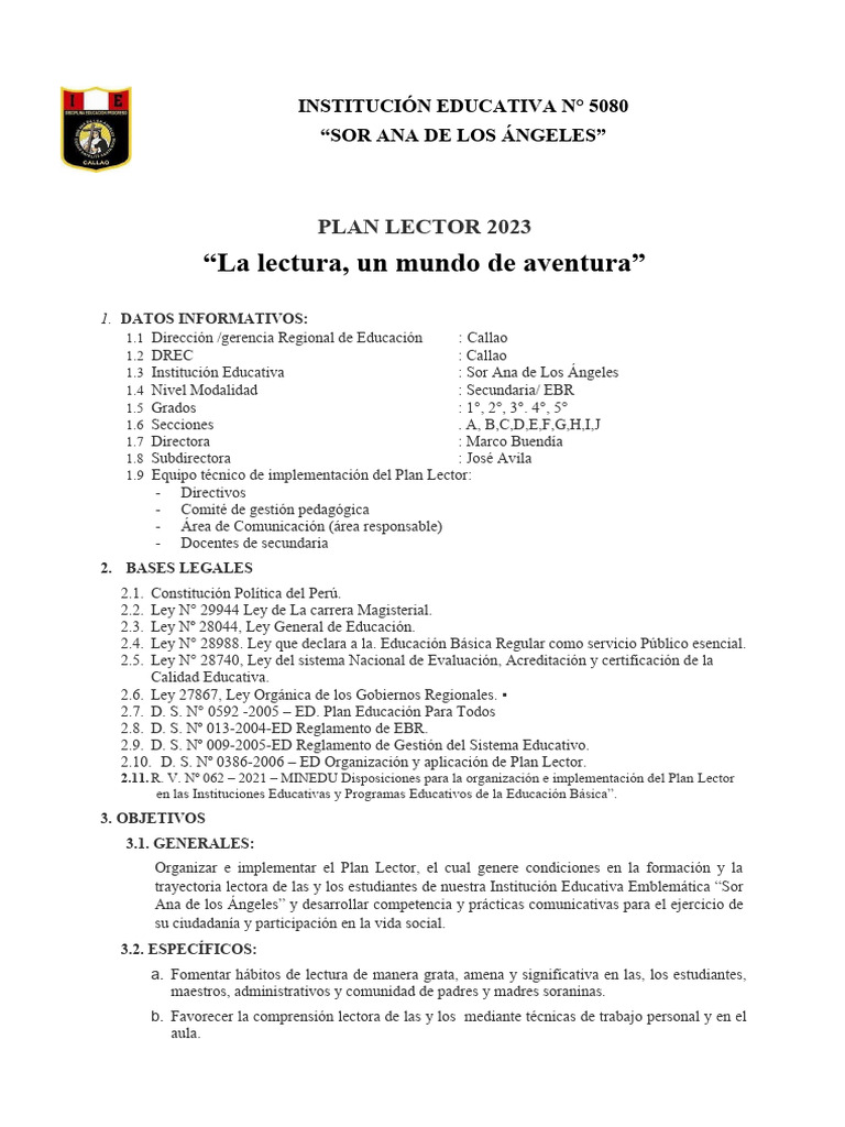 PLAN LECTOR SAA 2023 INSTITUCIONAL | PDF | Plan de estudios | Enseñando