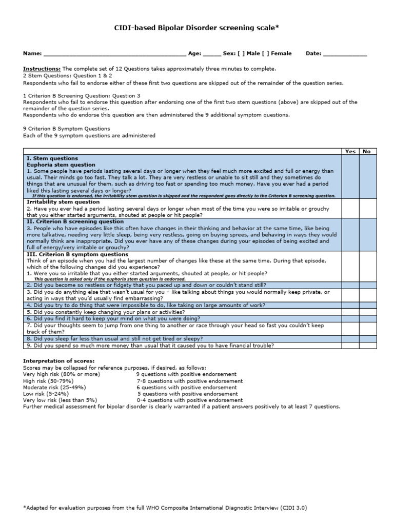 CIDI Based Bipolar Screening | PDF | Psychology | Clinical Medicine