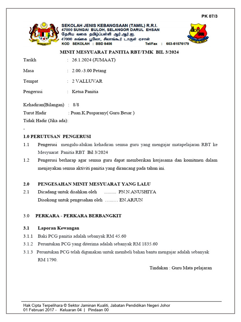 Minit Mesyuarat Panitia RBT 3-2024 | PDF