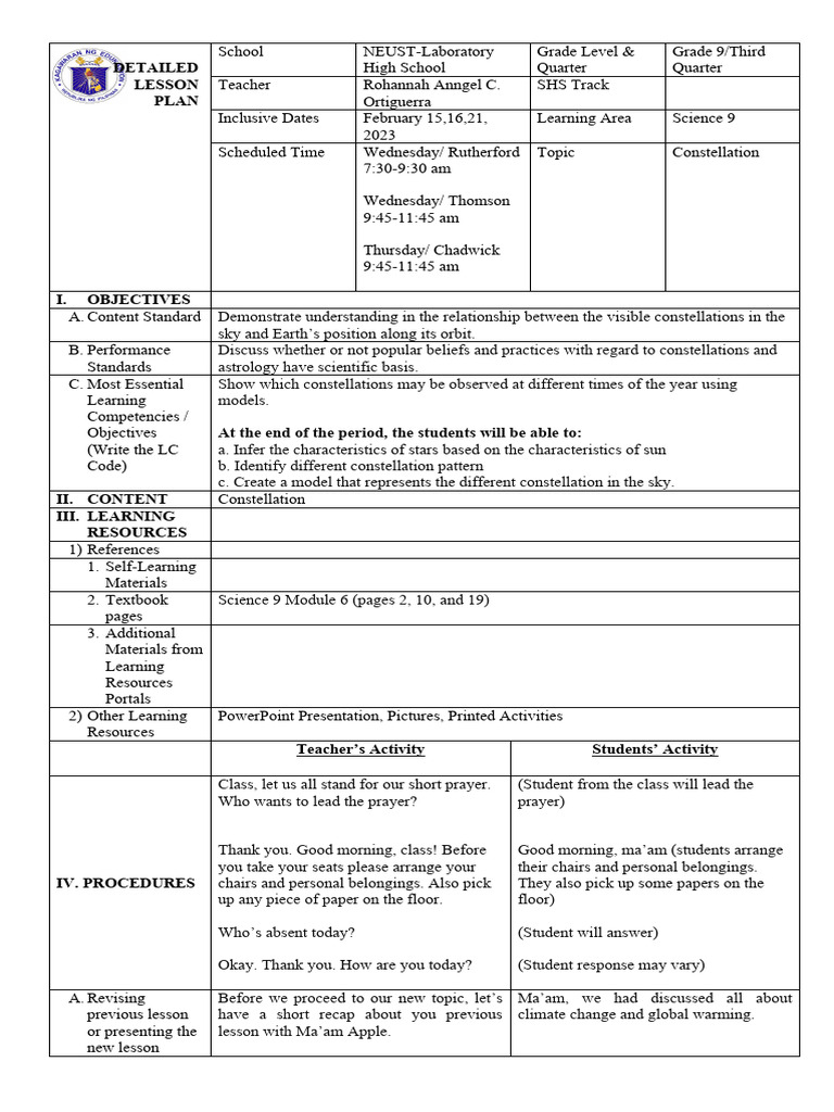 Grade 9 Constellation Lesson Plan | PDF | Stars | Apparent Magnitude