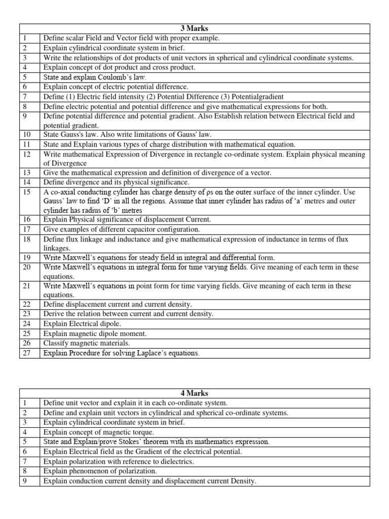 EEM Theory Questions | PDF | Magnetic Field | Electric Field